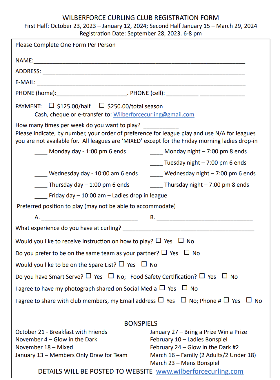 2023/2024 League Registration and Welcome BBQ – Wilberforce Curling Club